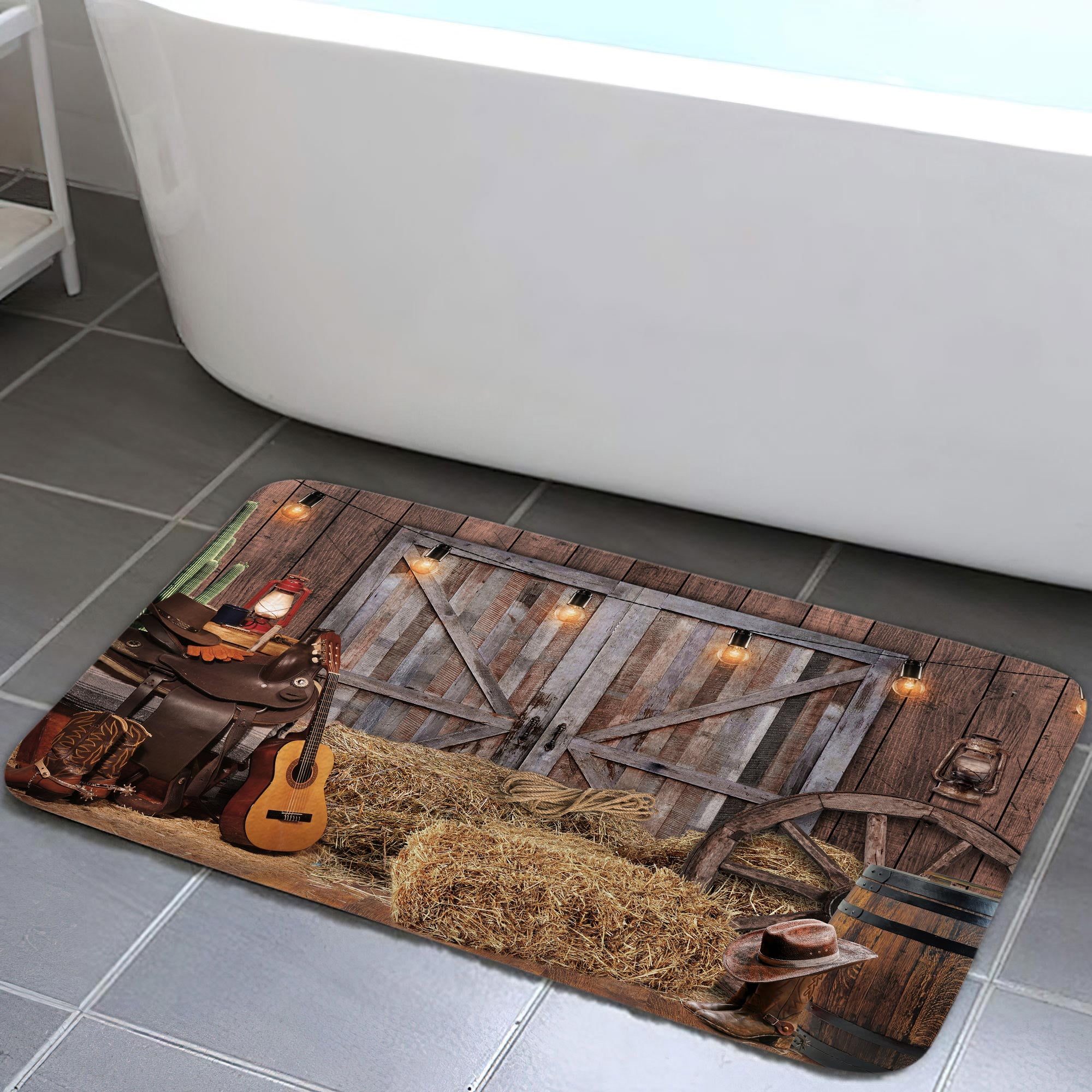 Western Cowboy Bathroom Rugs Wooden Barn Door Flannel Non Slip Mat Rug ...