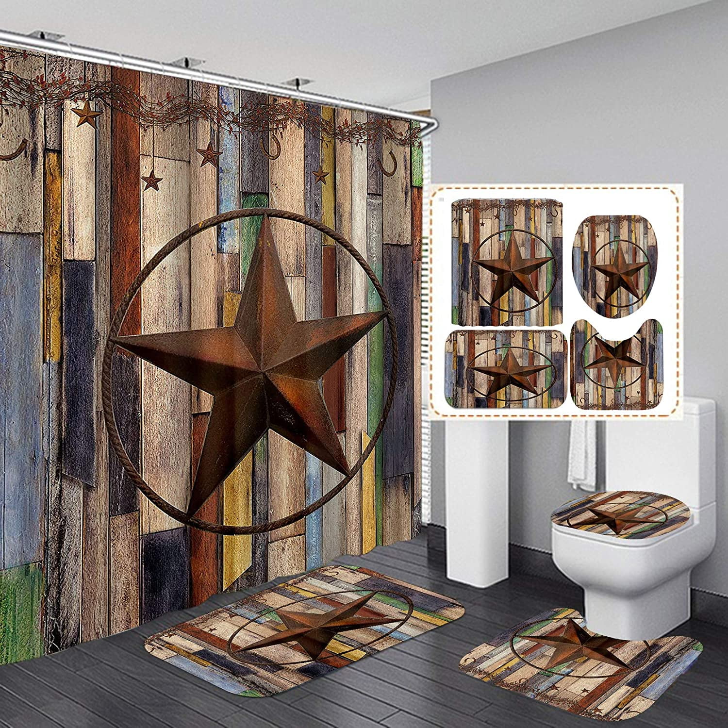 Western Cowboy Bathroom Shower Curtain And Rug Set Brown Barn Wood ...