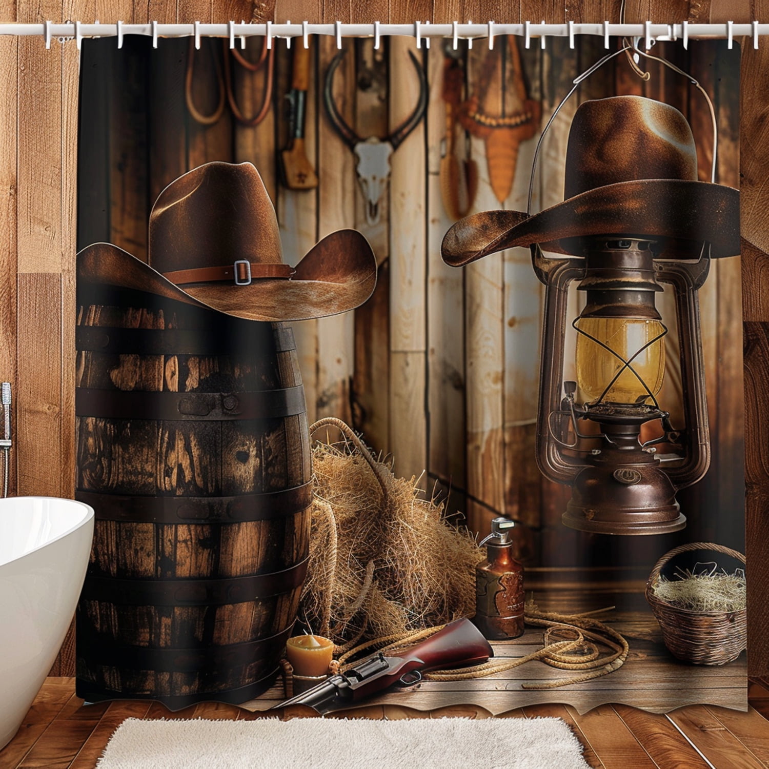 Western Cowboy Bathroom Shower Curtain Set Rustic Barn Scene Design ...