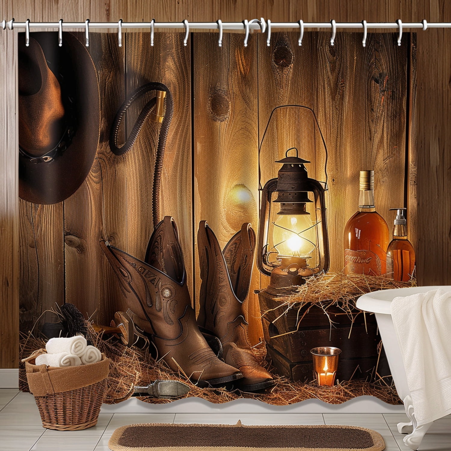 Western Cowboy Bathroom Shower Curtain Set with Hat Gun Whiskey Bottle ...
