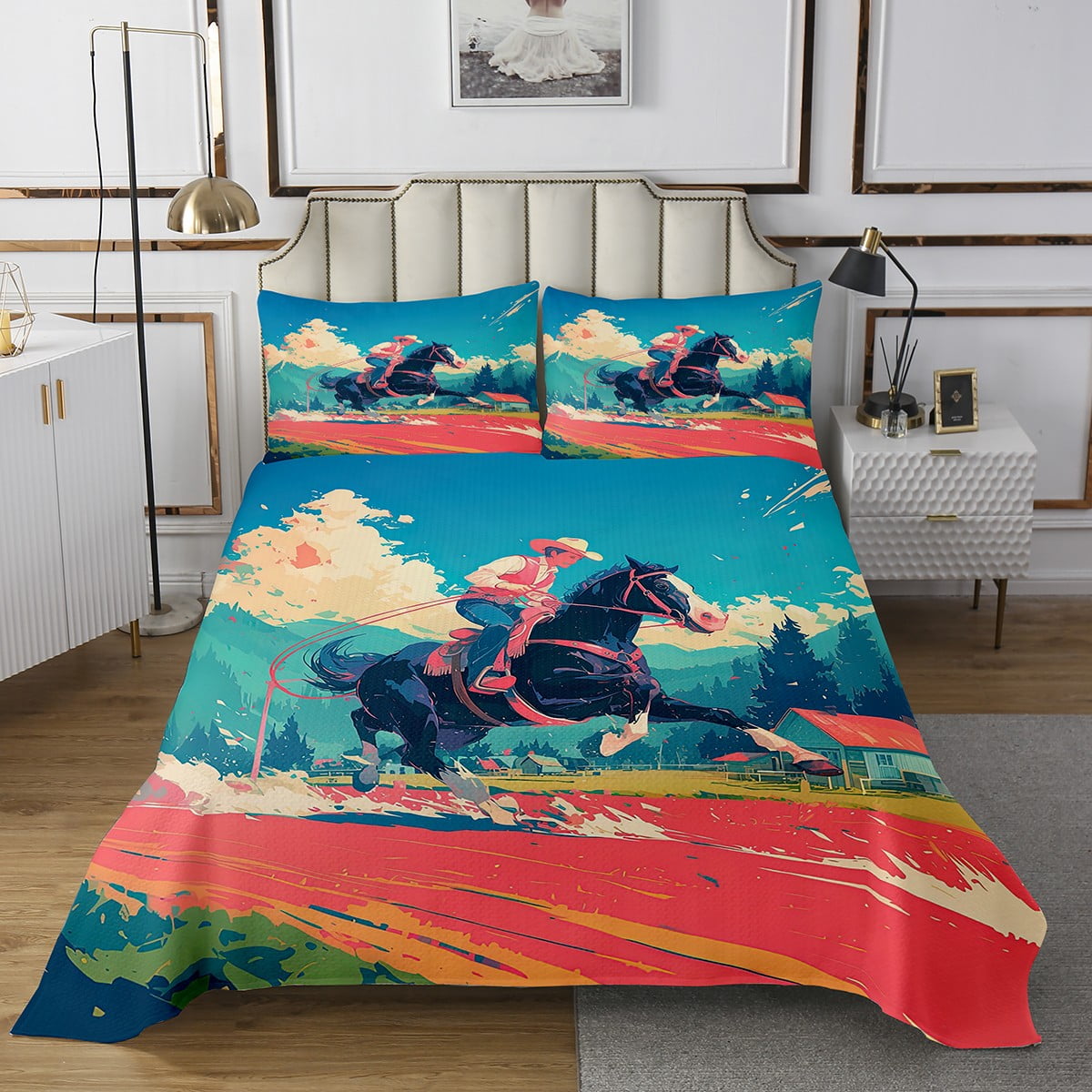 Western Cowboy Bedspread Set Queen,Derby Racing Horse Bedding Set Men ...