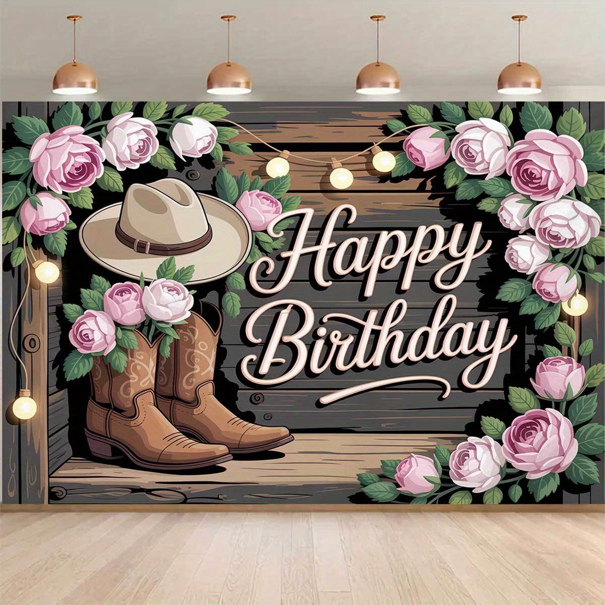 Western Cowboy Birthday Backdrop Rustic Wooden Planks Floral Boots ...