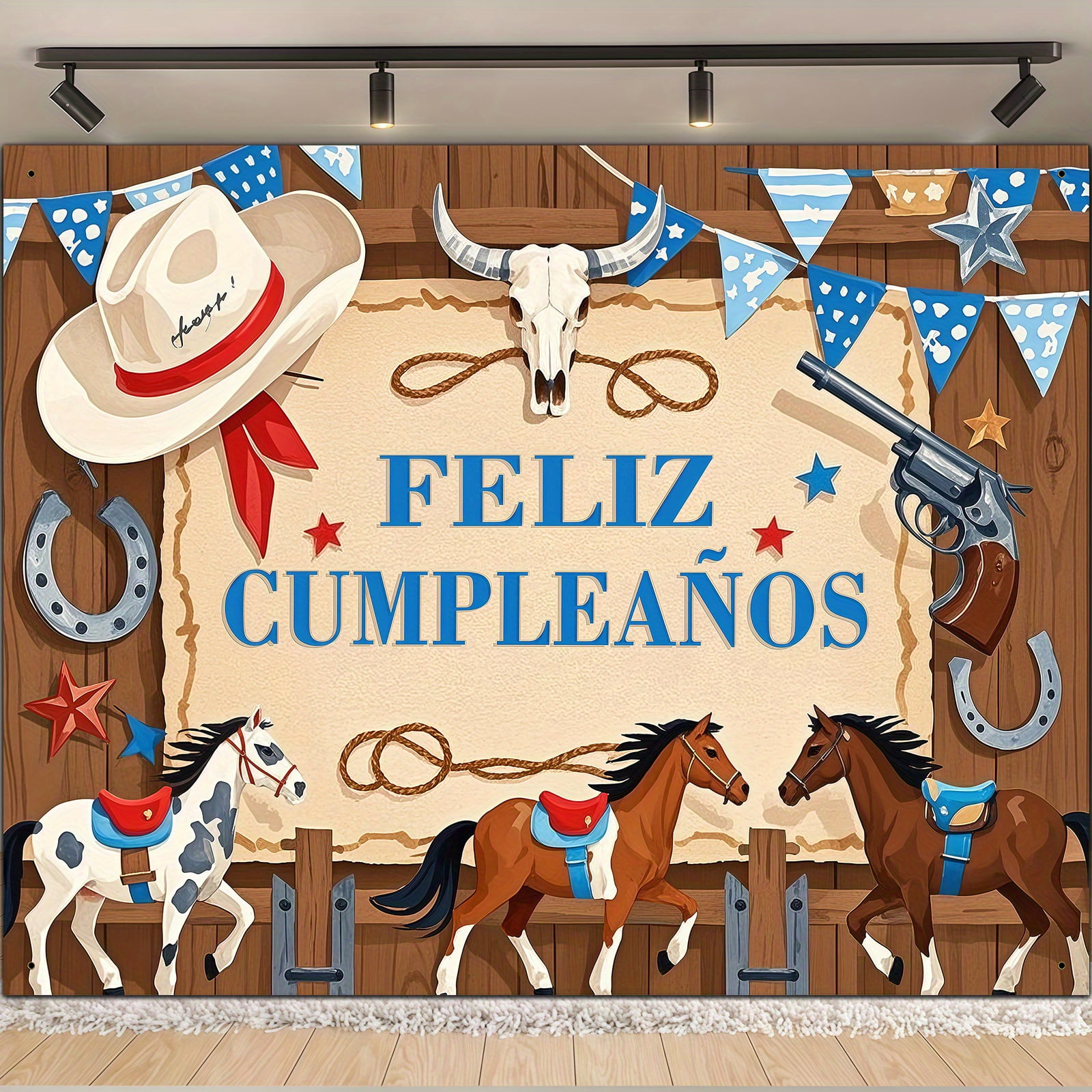 Western Cowboy Birthday Backdrop Rustic Wooden Spanish Feliz Cumpleaños ...