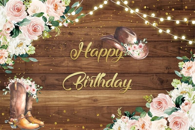 Western Cowboy Birthday Party Backdrop Pink Flower Brown Wood Wall Baby ...