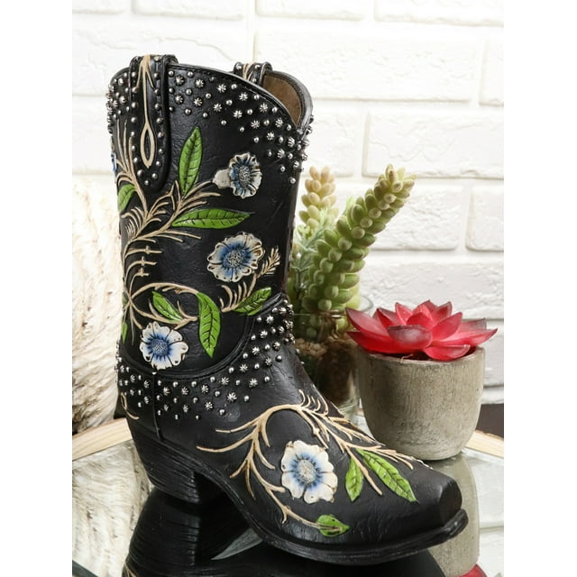 Western Cowboy Black Tooled Leather Floral Vines Cowboy Boot Pen Holder ...