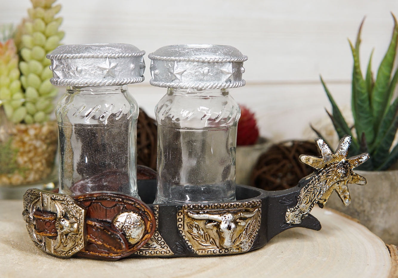 Western Cowboy Boot Spur Longhorn Concho Faux Leather Salt Pepper ...