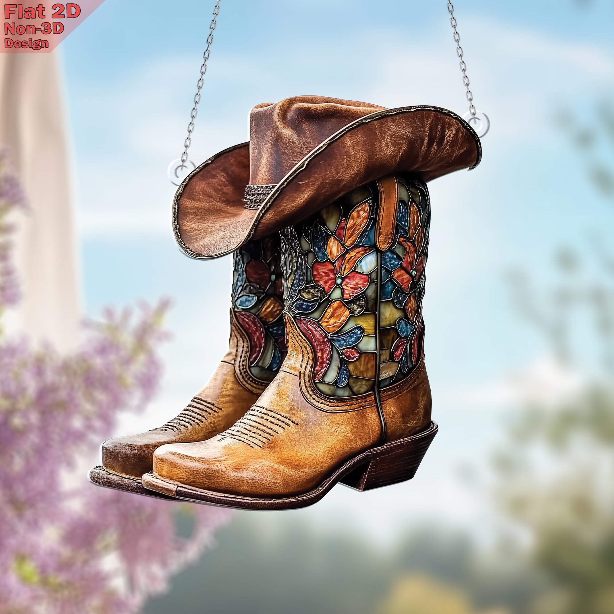Western Cowboy Boots & Hat Acrylic Window Hanging – Rustic 2D Stained ...
