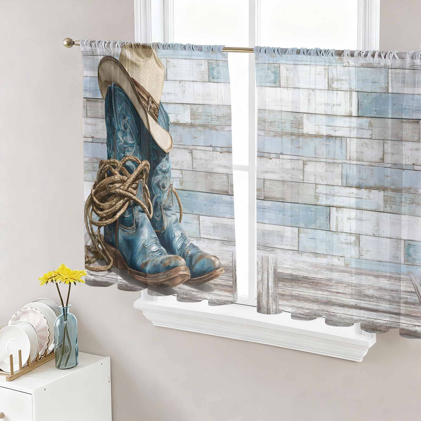 Western Cowboy Boots Sheer Curtains 45 Inch Length 2 Panels Set Window ...