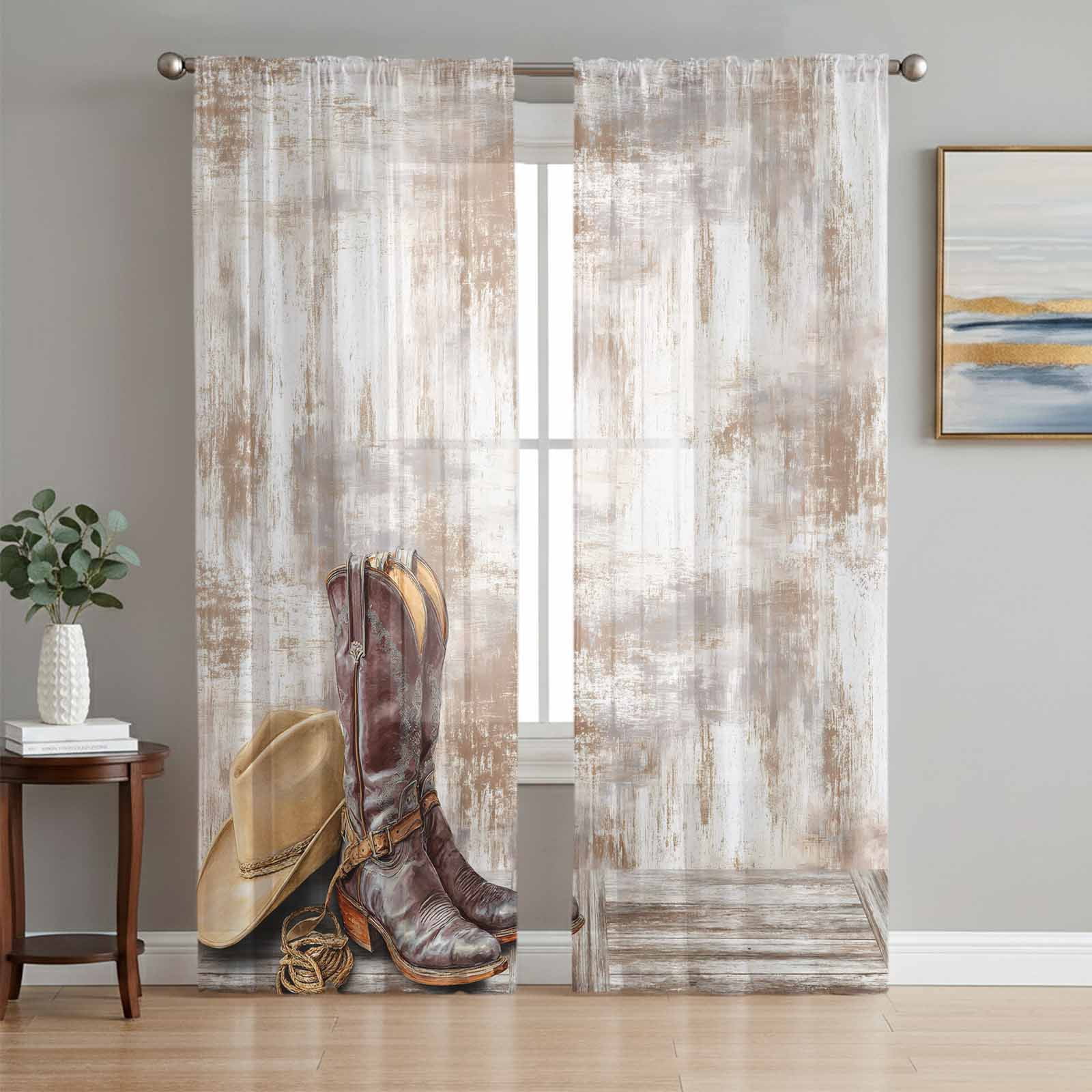 Western Cowboy Boots Sheer Curtains 84 Inch Length 2 Panels Set ...