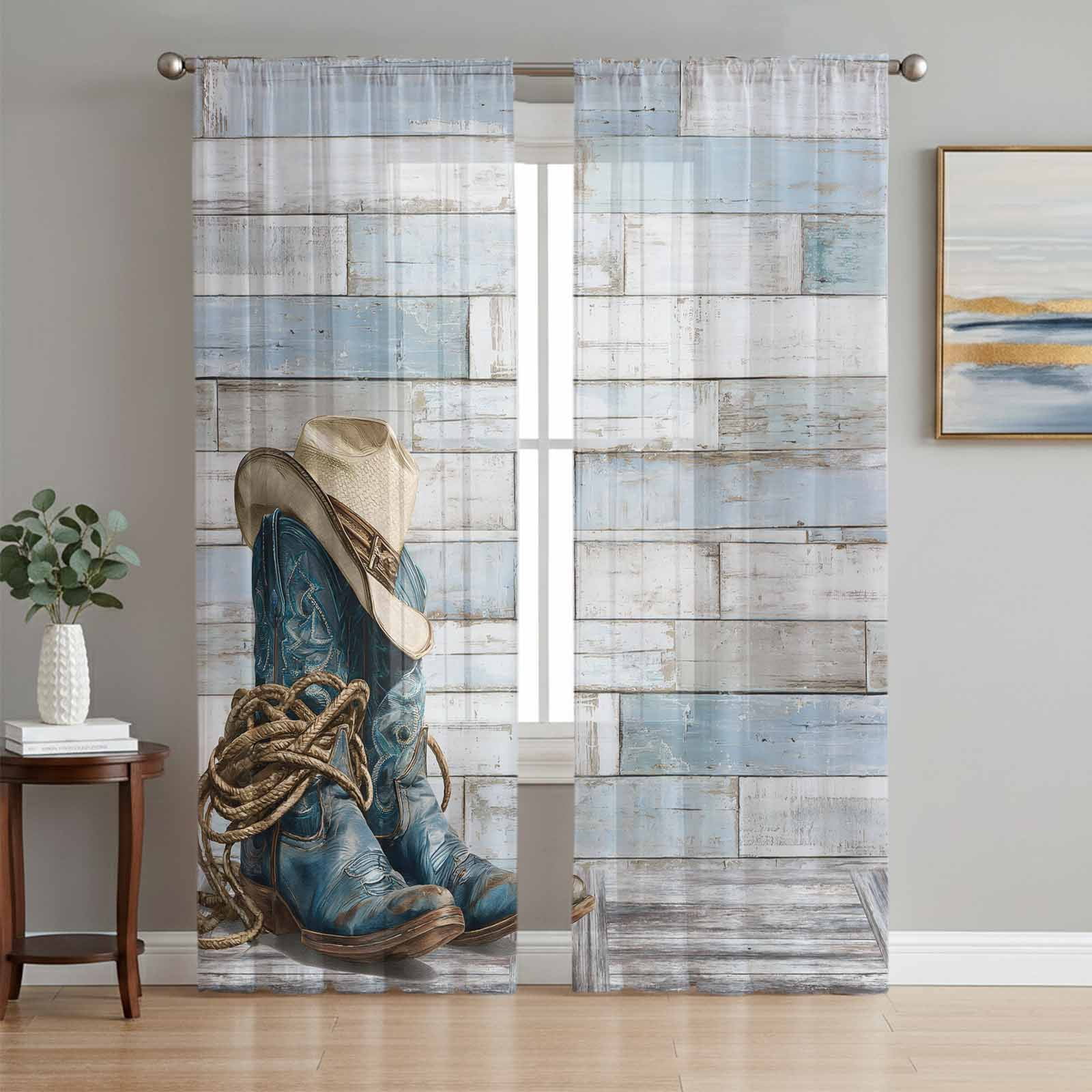 Western Cowboy Boots Sheer Curtains 84 Inch Length 2 Panels Set Window ...