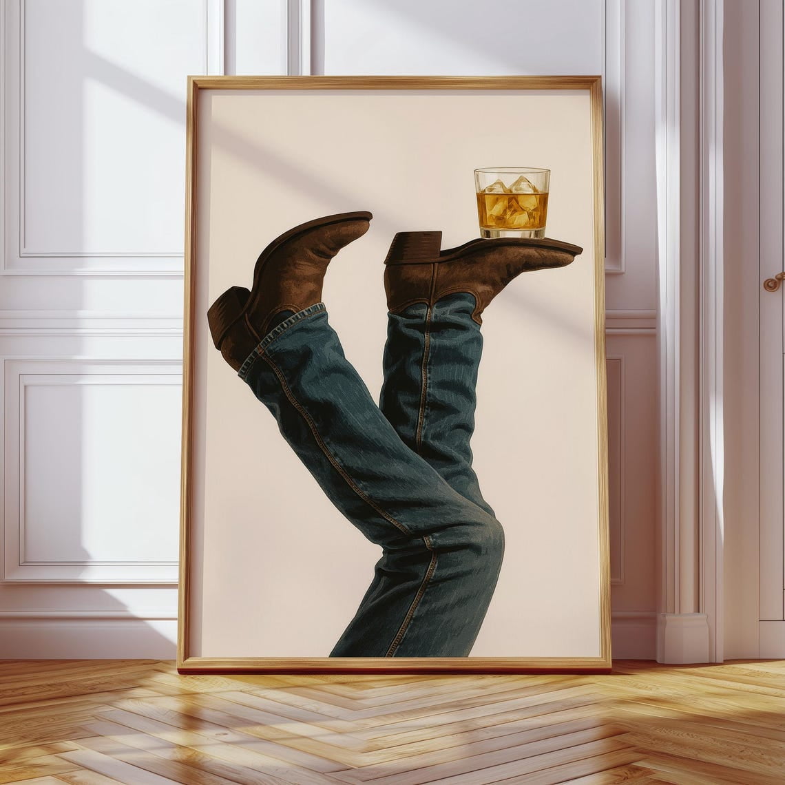 Western Cowboy Boots & Whiskey Glass Wall Art – Rustic Bar Print With Denim Style – Fun Country ...