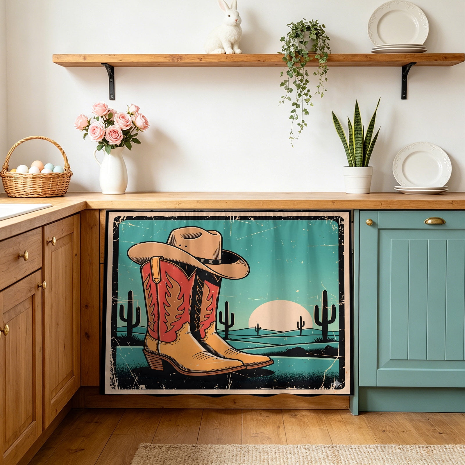 Western Cowboy Cabinet Curtains 28" W x 35" L Cartoon Cowboy Boots Hats ...