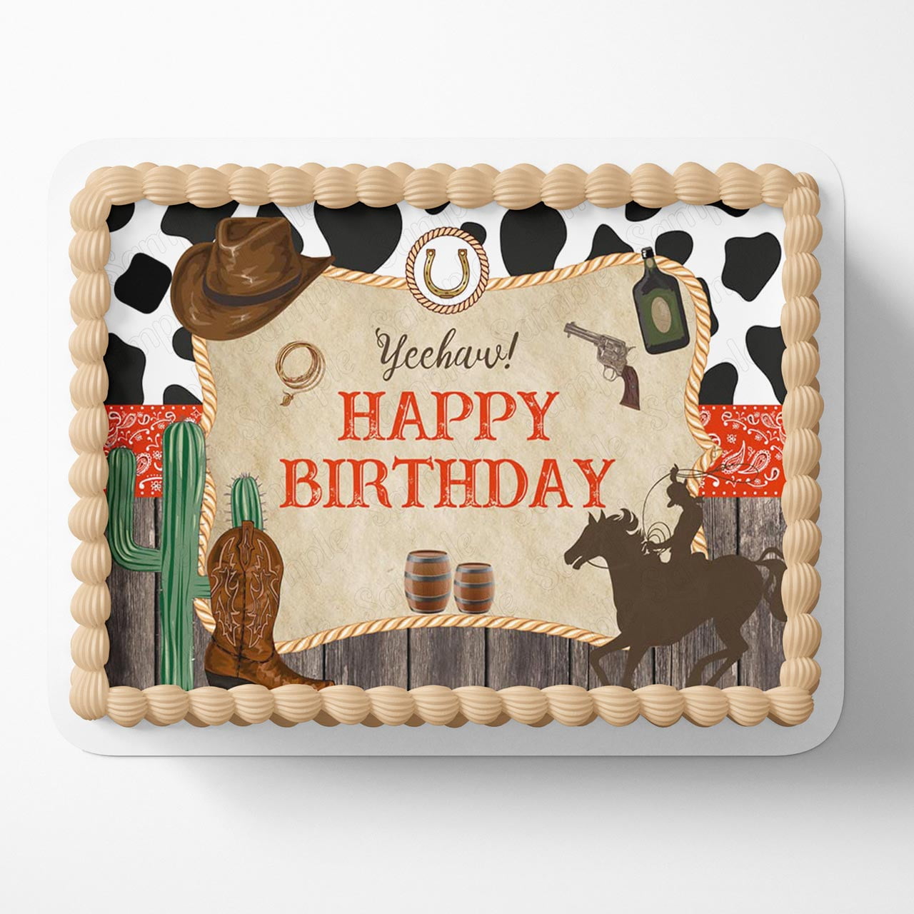 Western Cowboy Cactus Cattle Boys Red Bandana Edible Icing Cake Wrap ...
