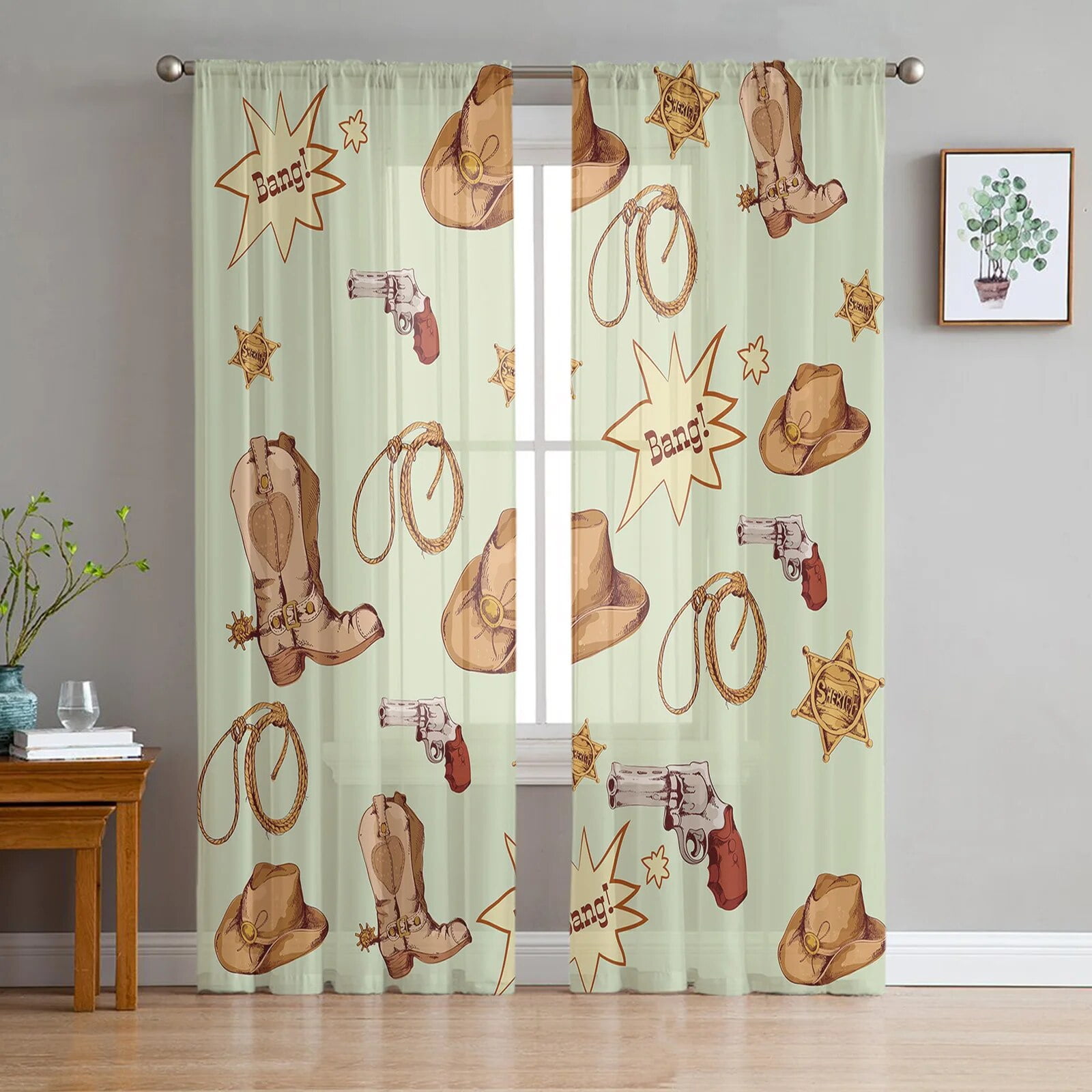 Western Cowboy Cartoon Country Tulle Curtains for Living Room Bedroom ...