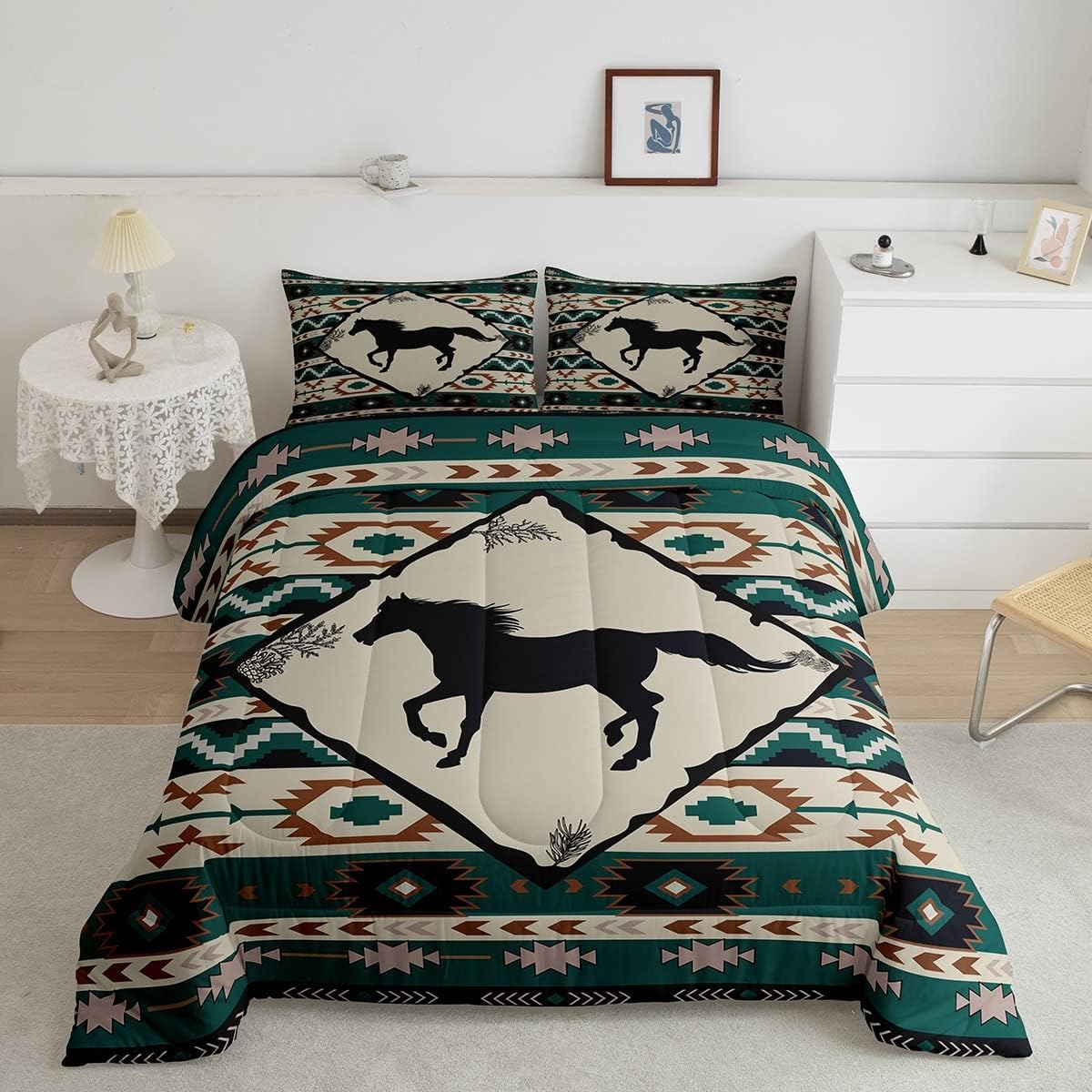 Western Cowboy Comforter Set Ethnic Tribe Horse Bedding King Cabin Farm ...