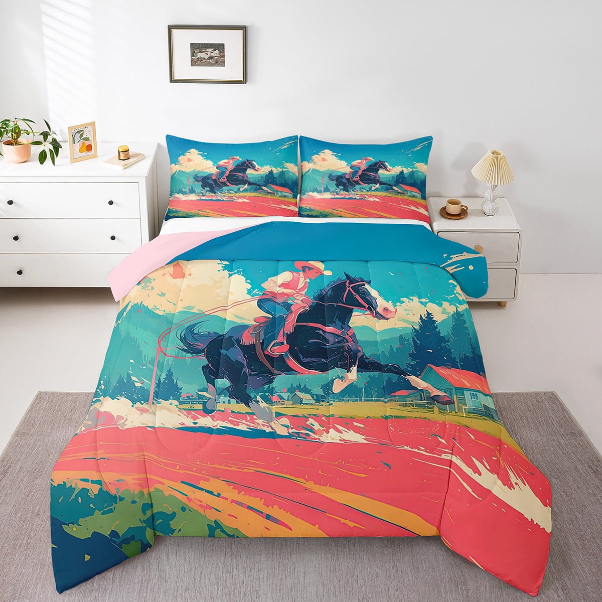Western Cowboy Comforter Set King,Derby Racing Horse Bedding Set Men ...