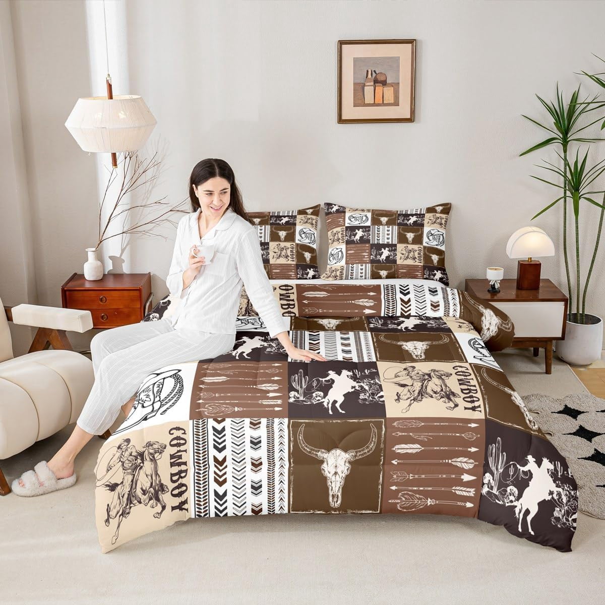 Western Cowboy Comforter Set Queen Size, Bull Skull Horse Arrow Print ...