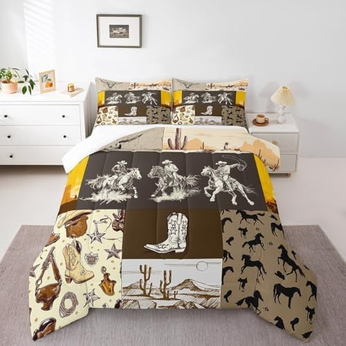 Western Cowboy Comforter Set Twin Size,Geometric Horse Plaid Patchwork ...