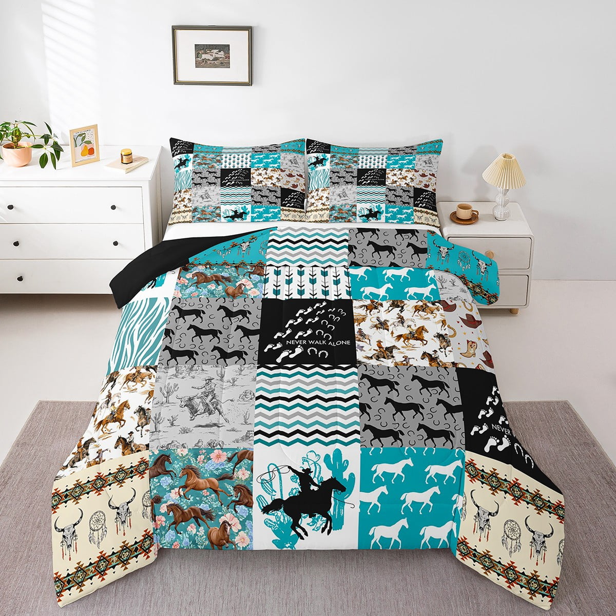 Western Cowboy Comforter Set Twin Turquoise Cowgirl Horse Bedding Set ...