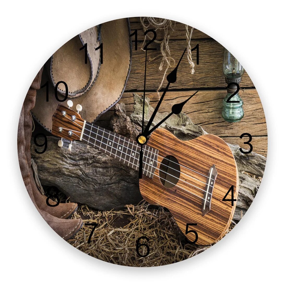 Western Cowboy Guitar Wood Wall Clock Home Decor Bedroom Silent Oclock ...