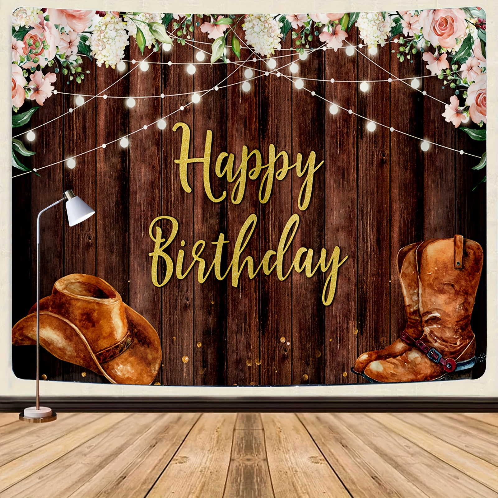 Western Cowboy Happy Birthday Backdrop Floral Rustic Wood Board Baby ...