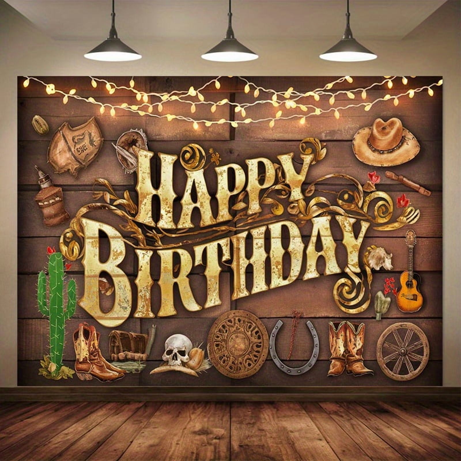 Western Cowboy Happy Birthday Backdrop Rustic Rodeo Boots Hat Wooden ...