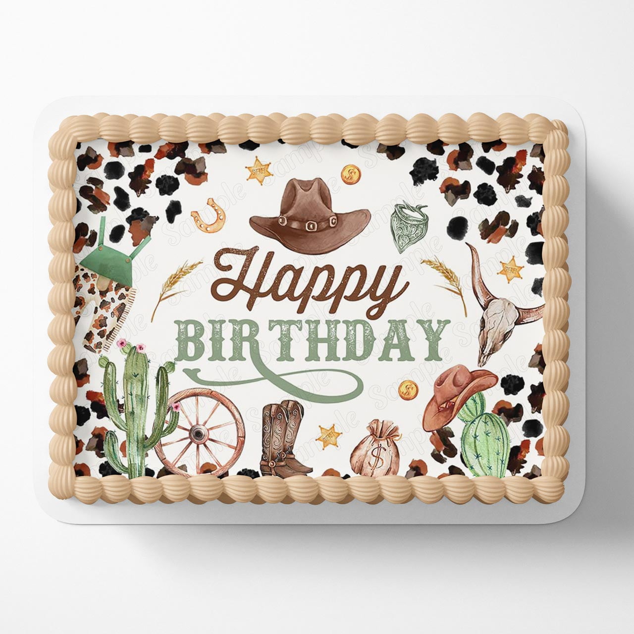 Western Cowboy Hat Cactus Cattle Boys Edible Icing Cake Wrap Cake Image ...