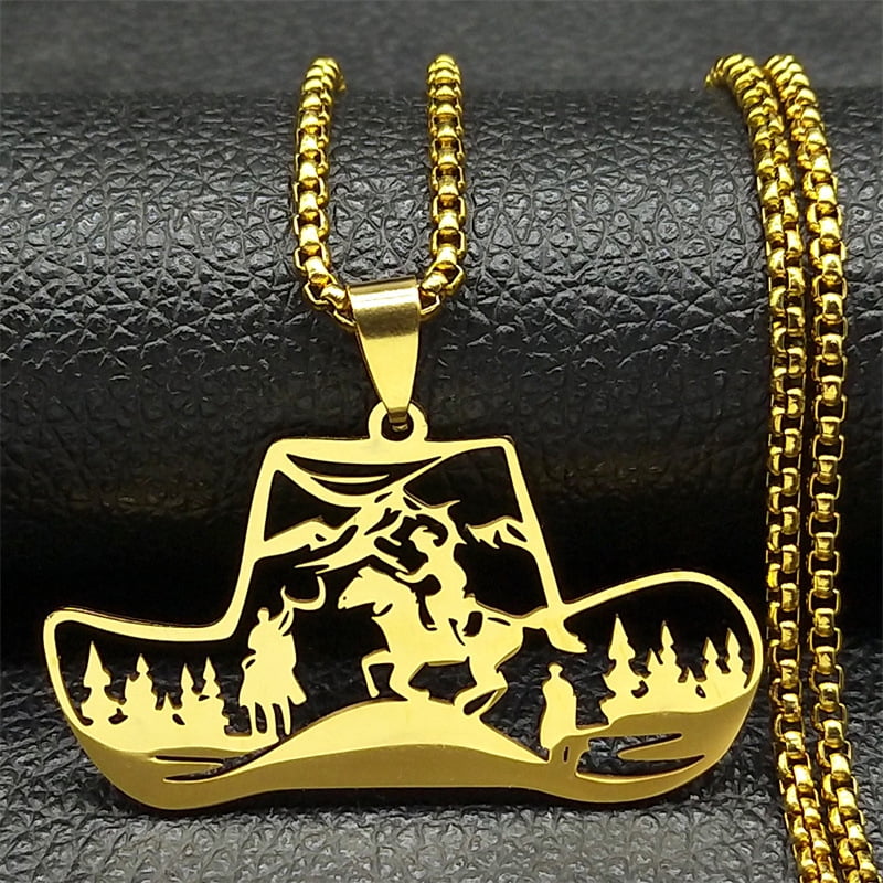 Western Cowboy Hat Tree Necklace For Women Men 14K Yellow Gold Hollow ...