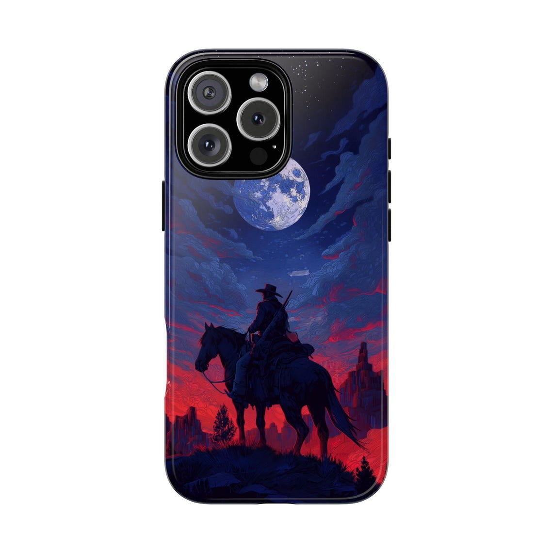 Western Cowboy Horse Rider Red Mist Moon Night Art Phone Case with ...