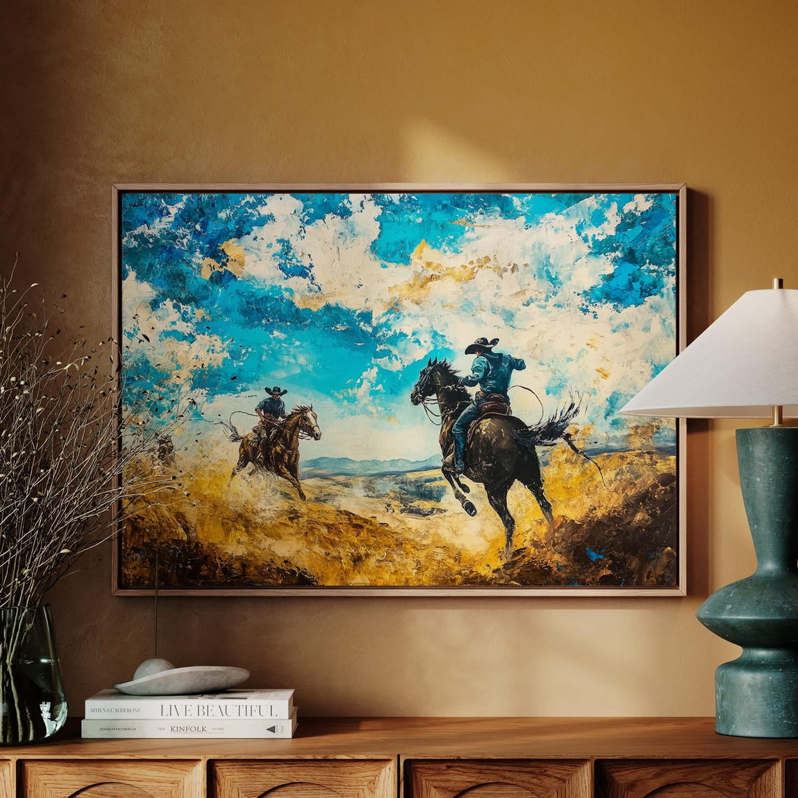 Western Cowboy Horseback Riding Painting Print, Rustic Rodeo Wall Art ...