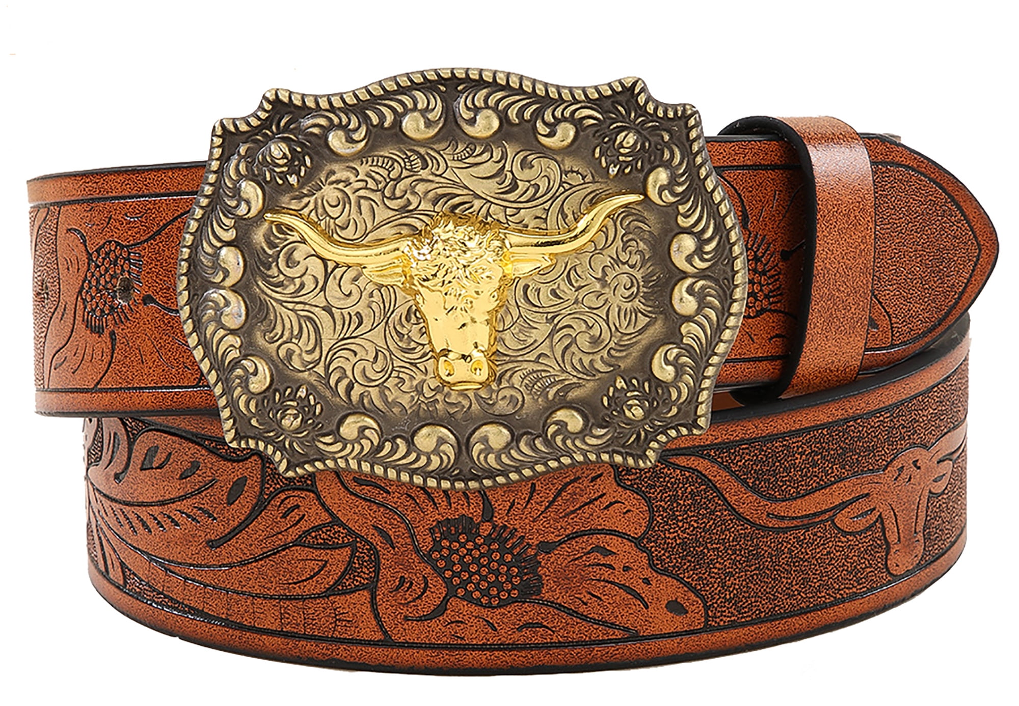 Western Genuine Leather Cowboy Belt - Men's Waist Strap with Bull Head ...
