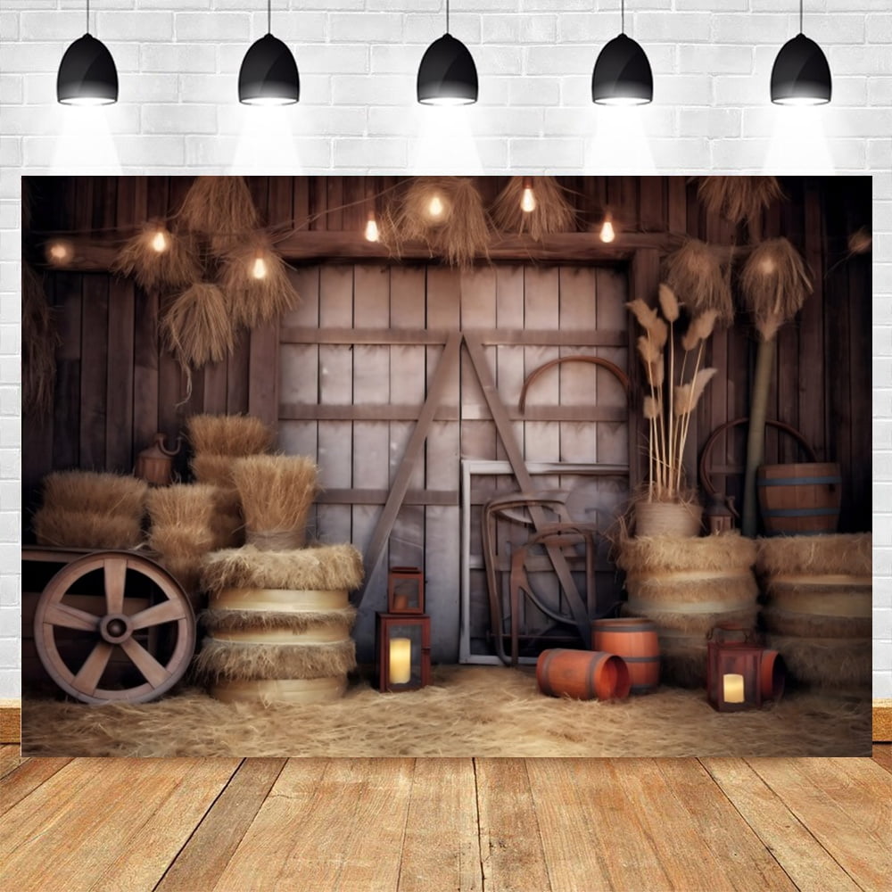Western Cowboy Photography Background Horse Rustic Farm Wood Barn Door Haystack Hay Bale Wheel ...