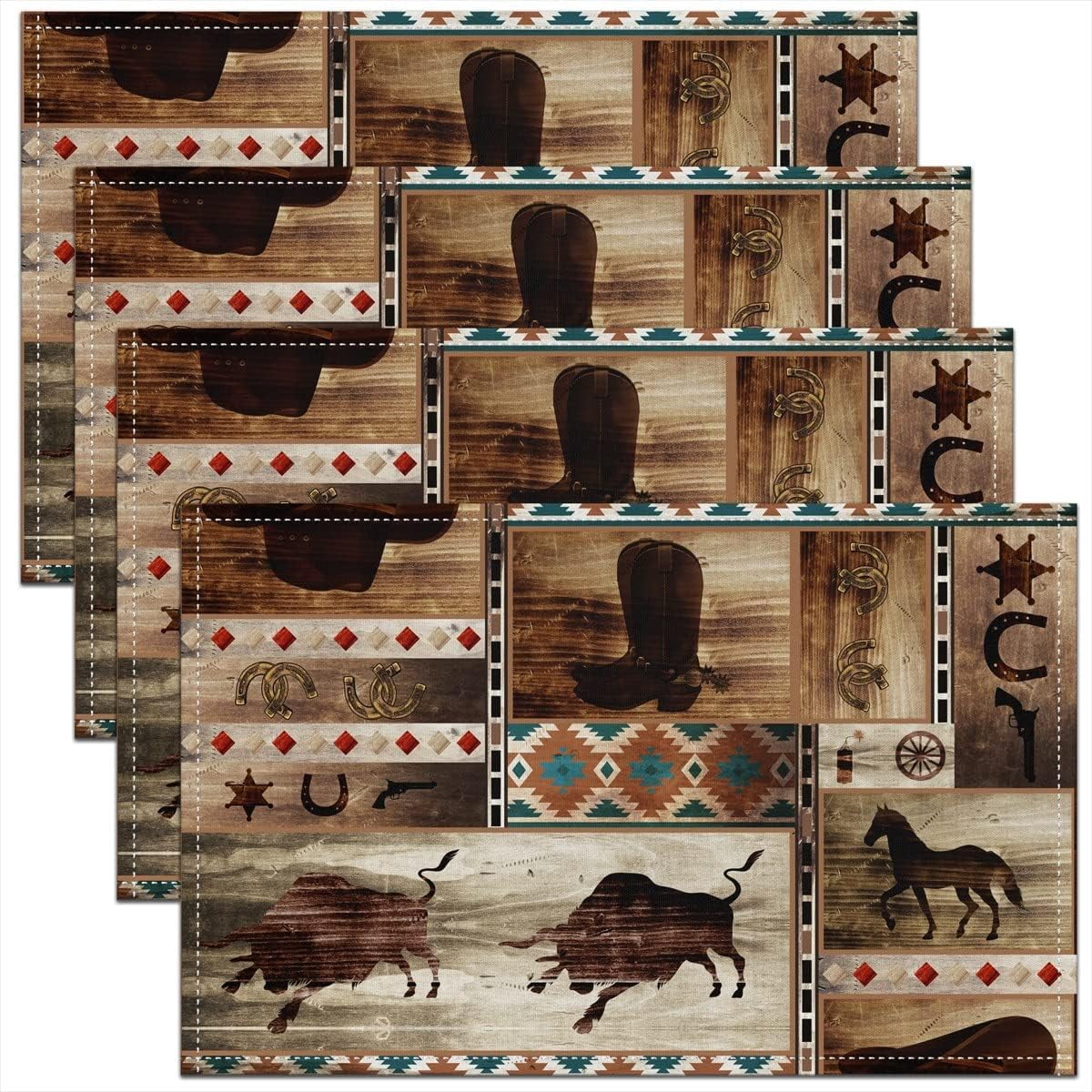 Western Cowboy Place Mats 12x18 Set of 4, Bull Horse Placemats for ...