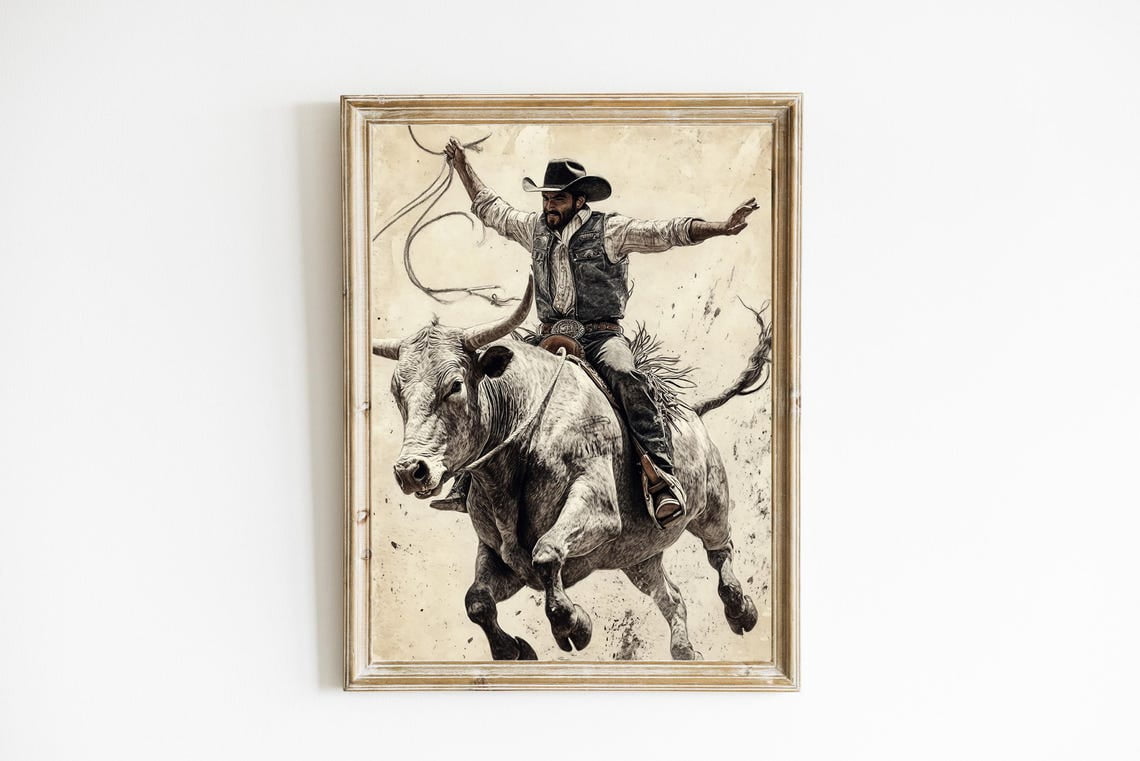 Western Cowboy Print Poster Cowboy Riding Bucking Bull Decor Poster ...