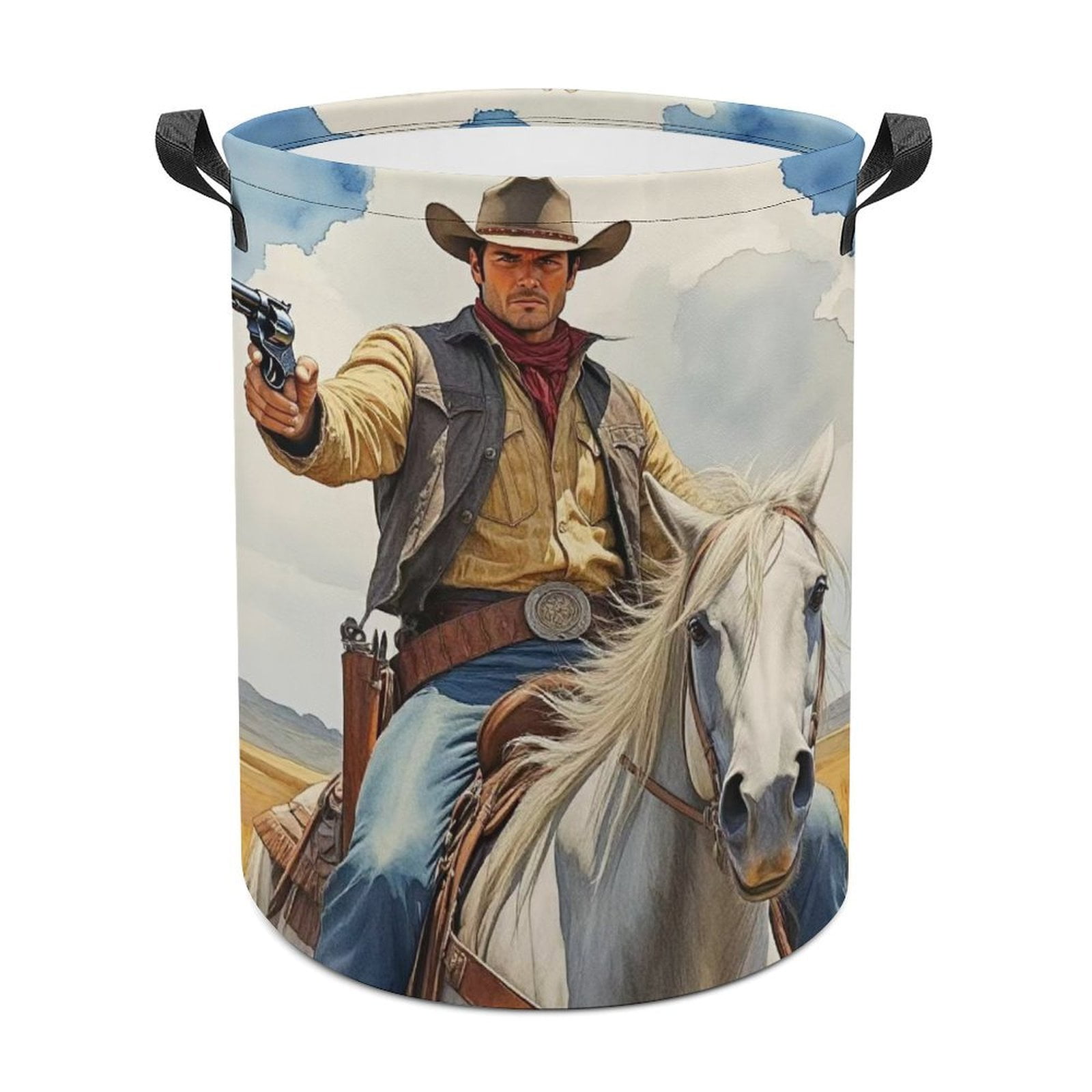 Western Cowboy Riding A White Horse Large Dirty Clothes Hamper Foldable ...