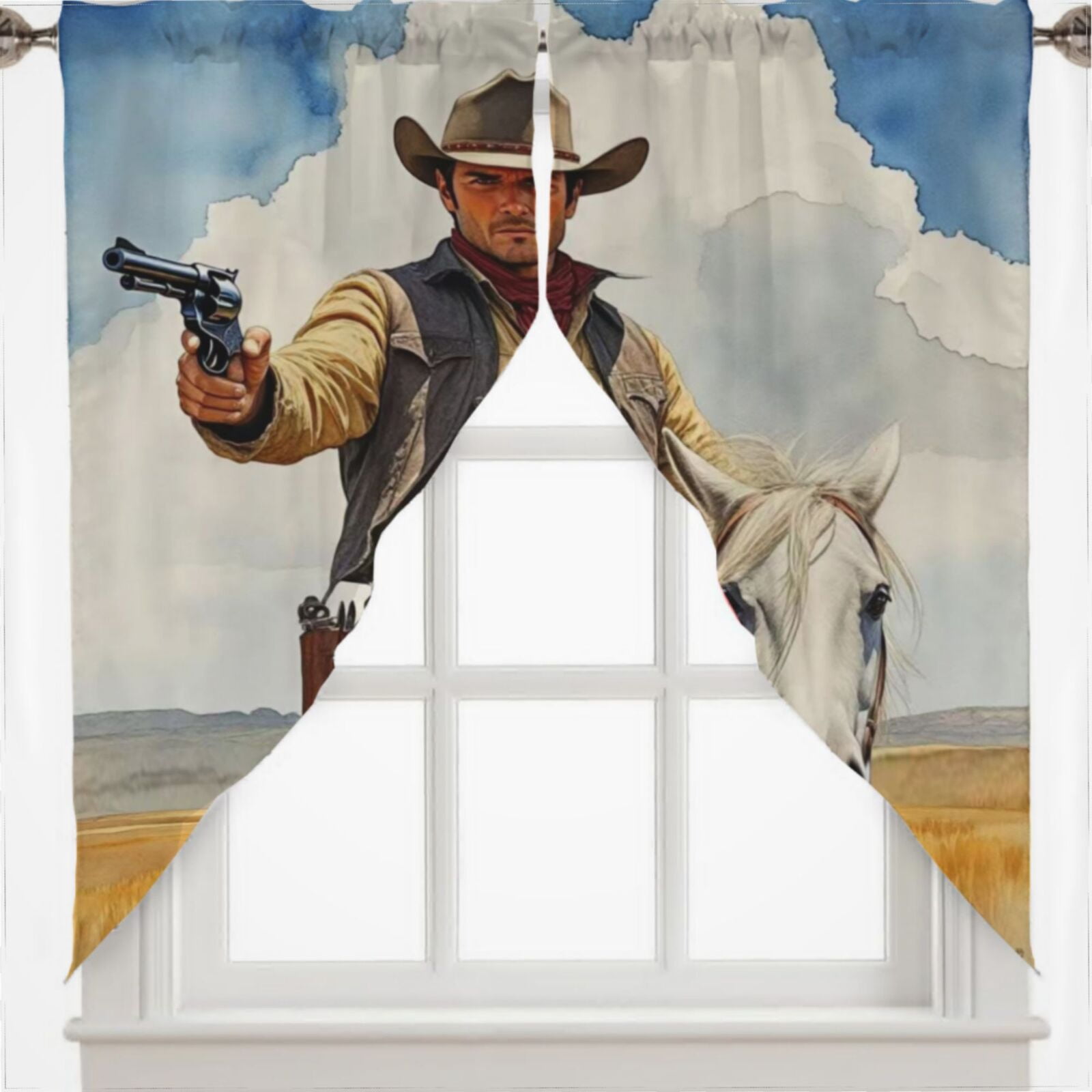 Western Cowboy Riding A White Horse Swag Valances For Windows 2 Pack ...