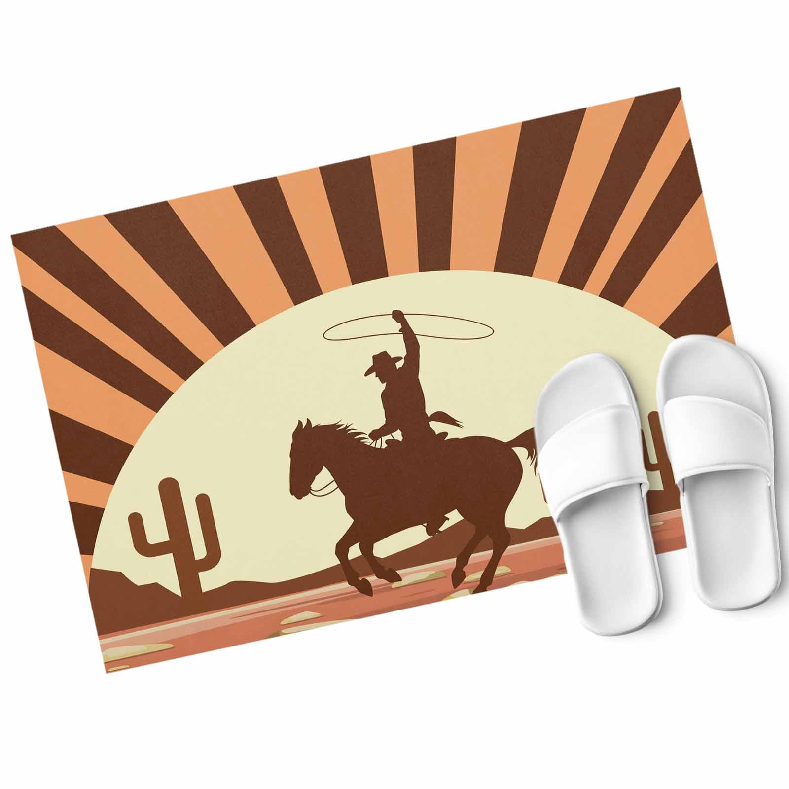 Western Cowboy Riding Horse Door Mat Hand-drawn Desert Cactus Non Slip ...