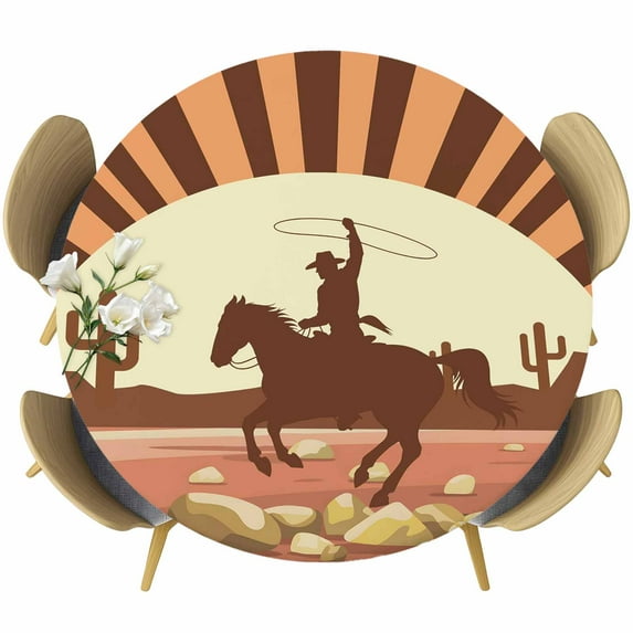 Western Cowboy Riding Horse Round Fitted Tablecloth with Elastic Edge ...