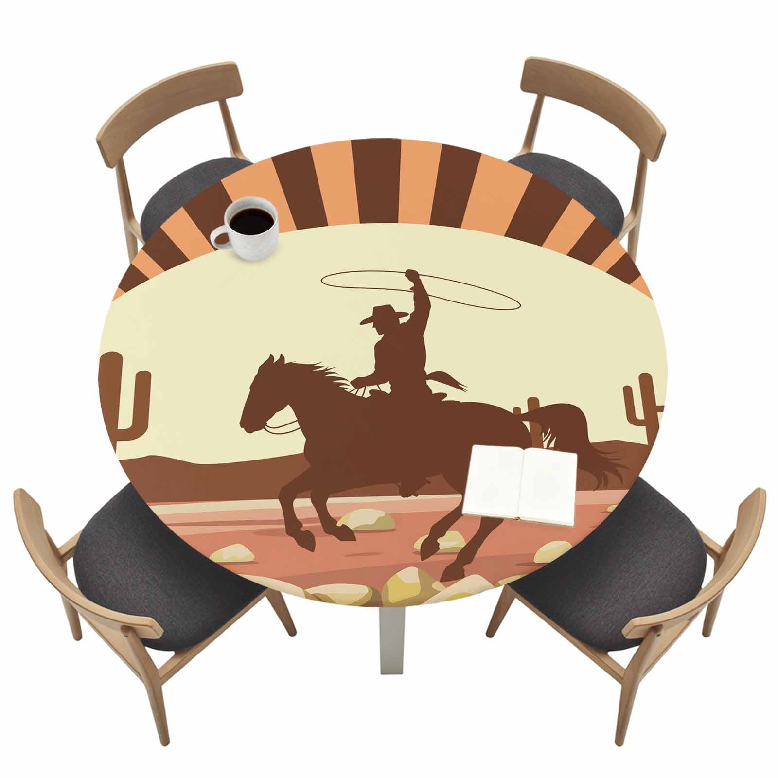 Western Cowboy Riding Horse Round Fitted Tablecloth with Elastic Edge ...