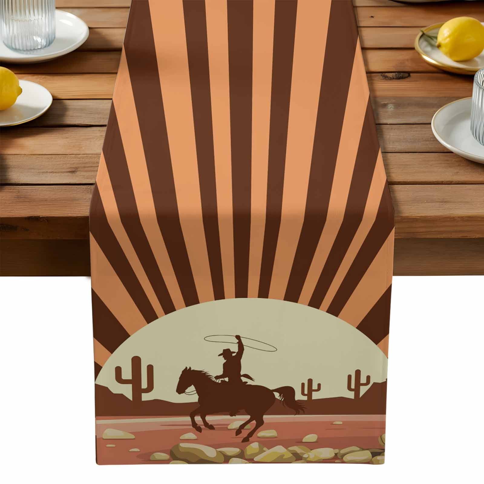 Western Cowboy Riding Horse Table Runner, Hand-drawn Desert Cactus ...
