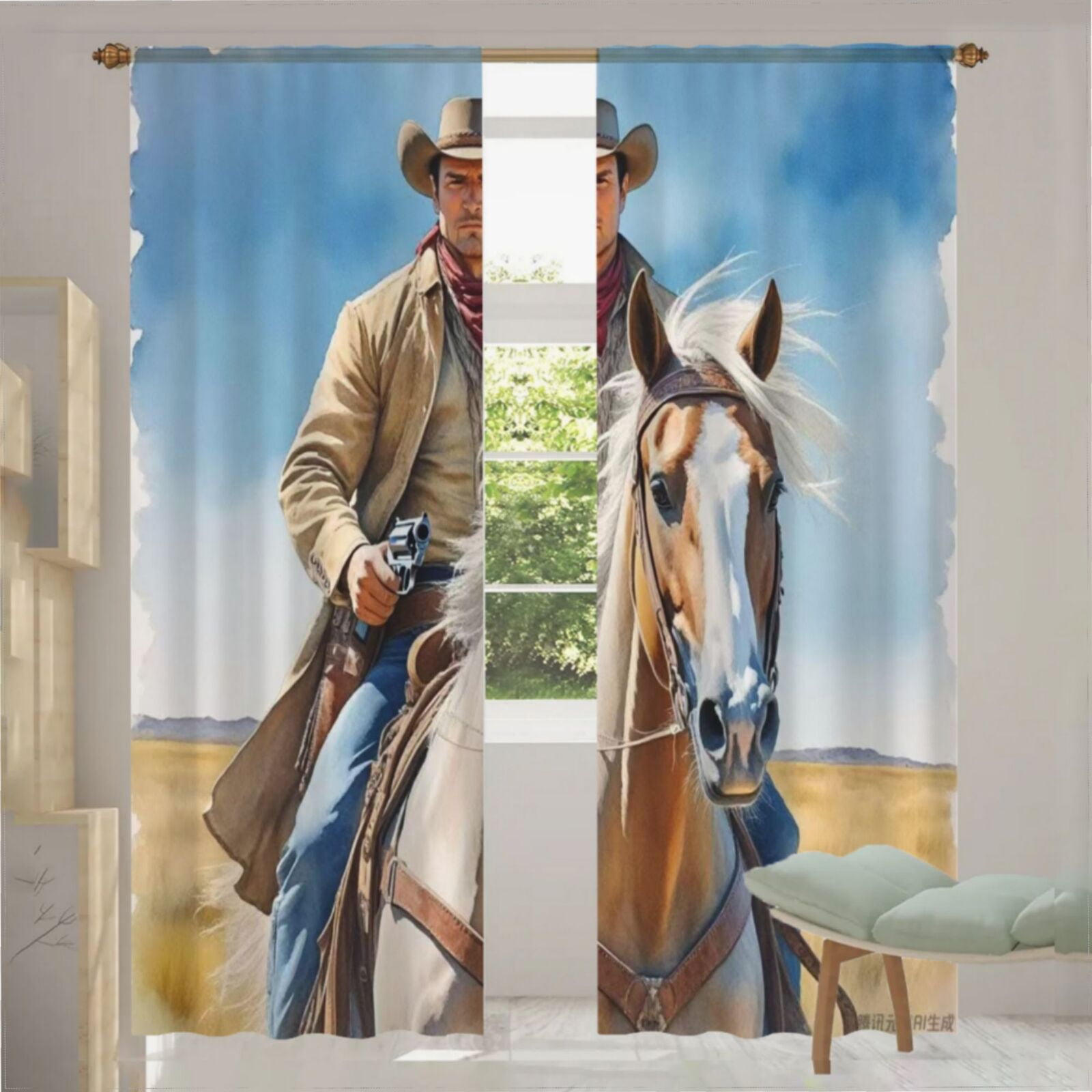 Western Cowboy Riding Tulle Curtain for Living Room Bedroom Decor Sheer ...