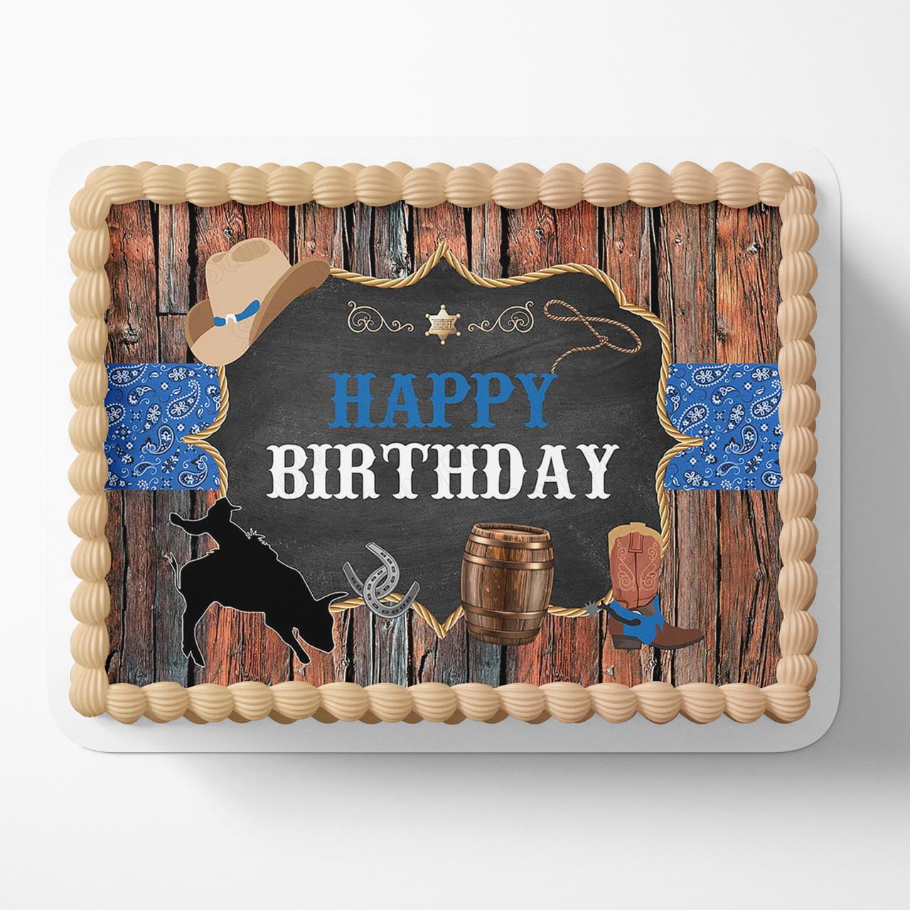 Western Cowboy Rodeo Rustic Wooden Men's Blue Bandana Edible Icing Cake ...