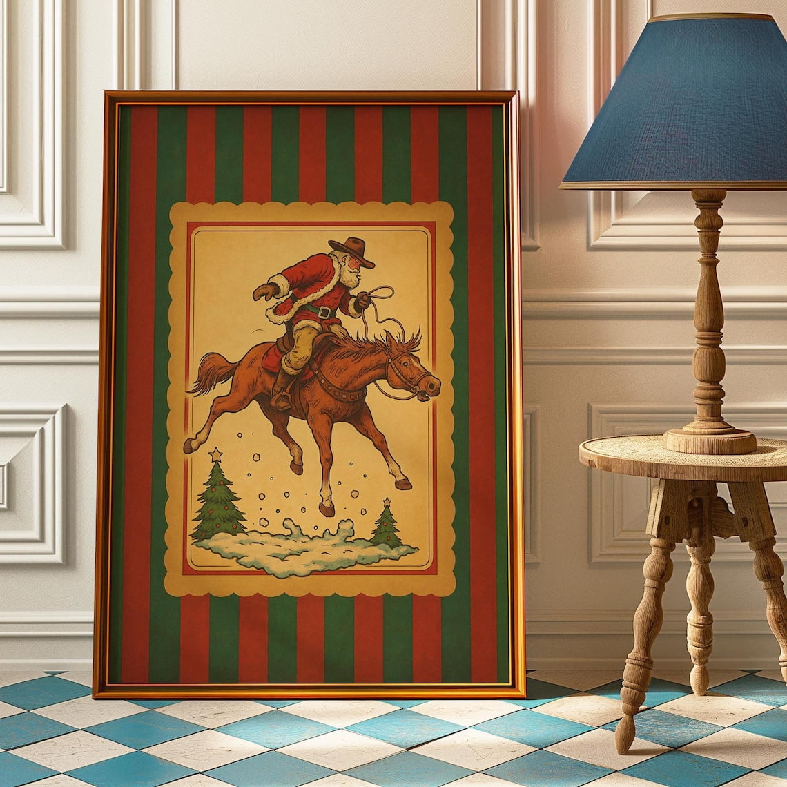 Western Cowboy Santa Wall Art, Rusticprint, Vintage Santa Riding Horse ...
