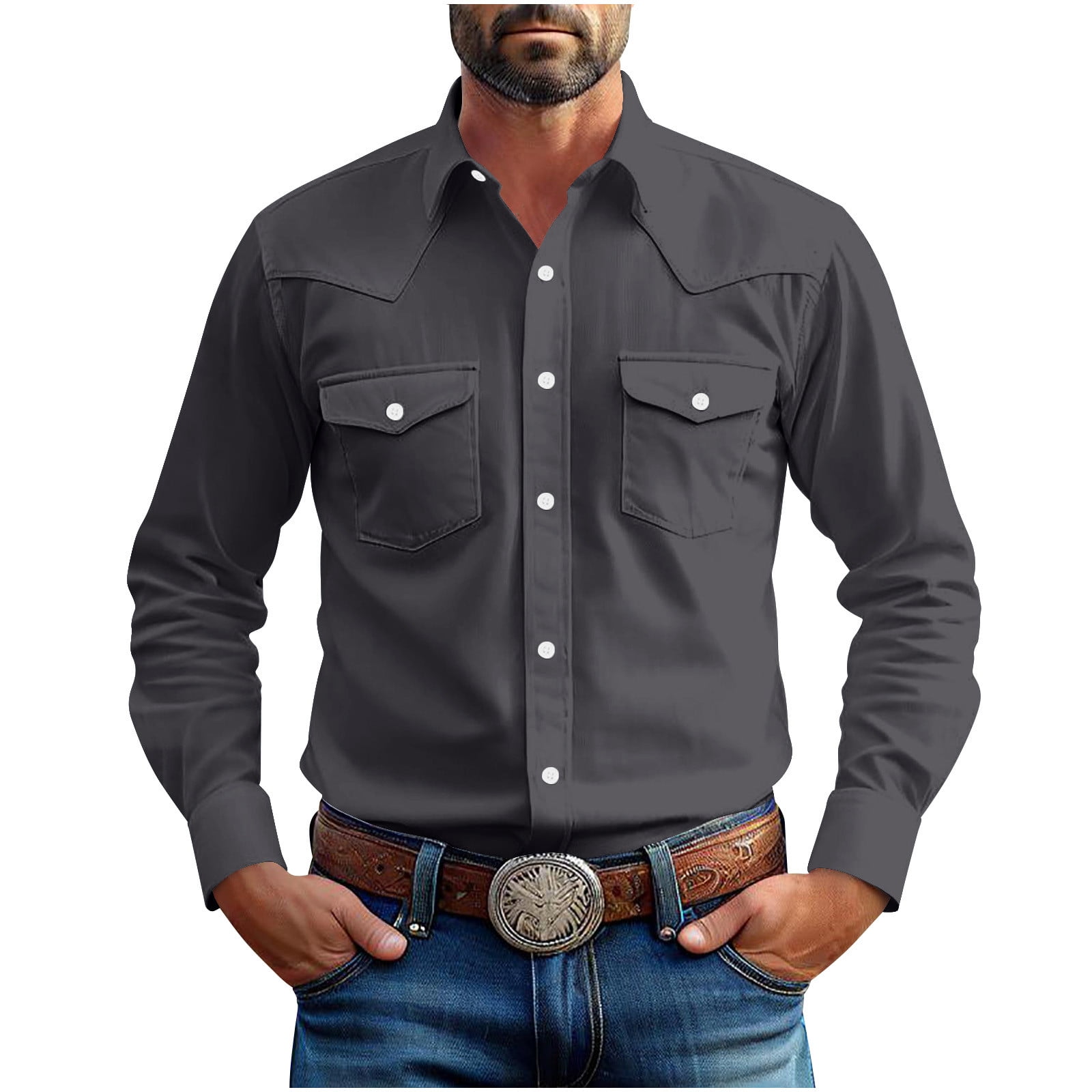 Western Cowboy Shirts for Men Pearl Snap Button Down Cotton Work TShirt ...