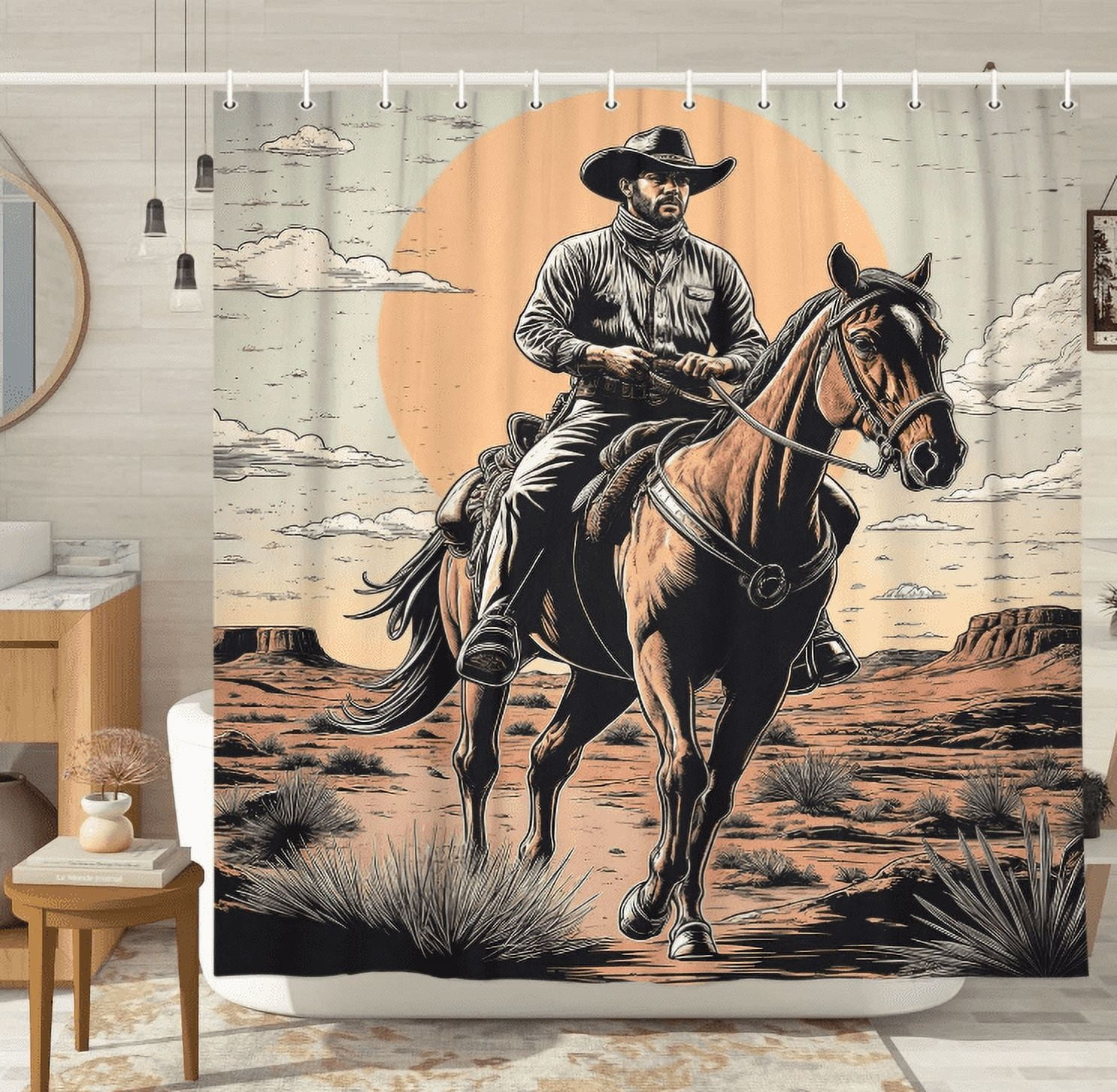 Western Cowboy Shower Curtain American Wild West Cowboy on Horse in ...