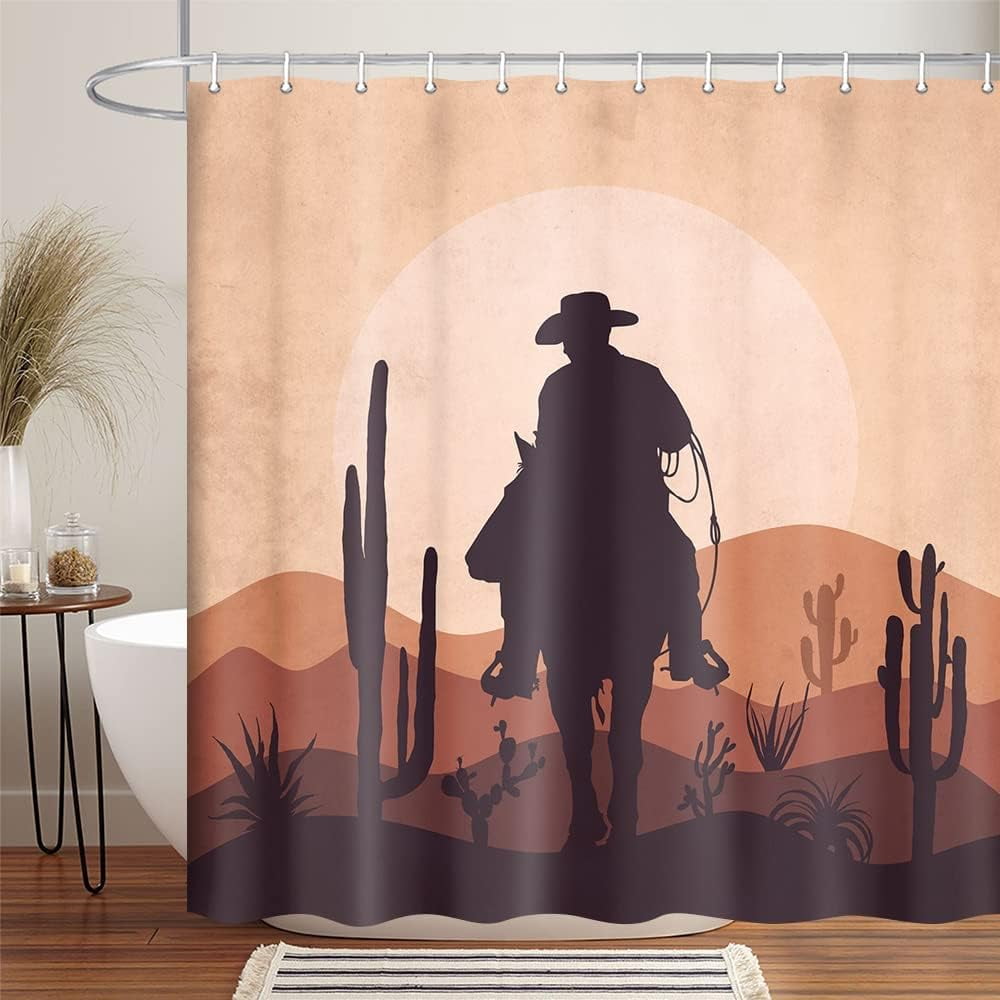Western Cowboy Shower Curtain, Country Cowboy Riding Horse in Wild West ...