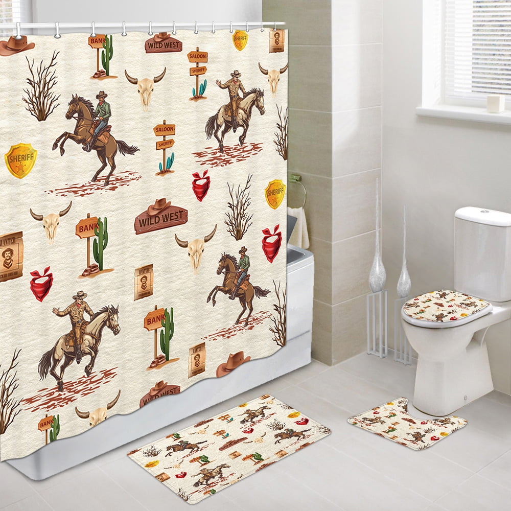 Western Cowboy Shower Curtain Sets with Rugs 4 Piece,Farmhouse Country ...