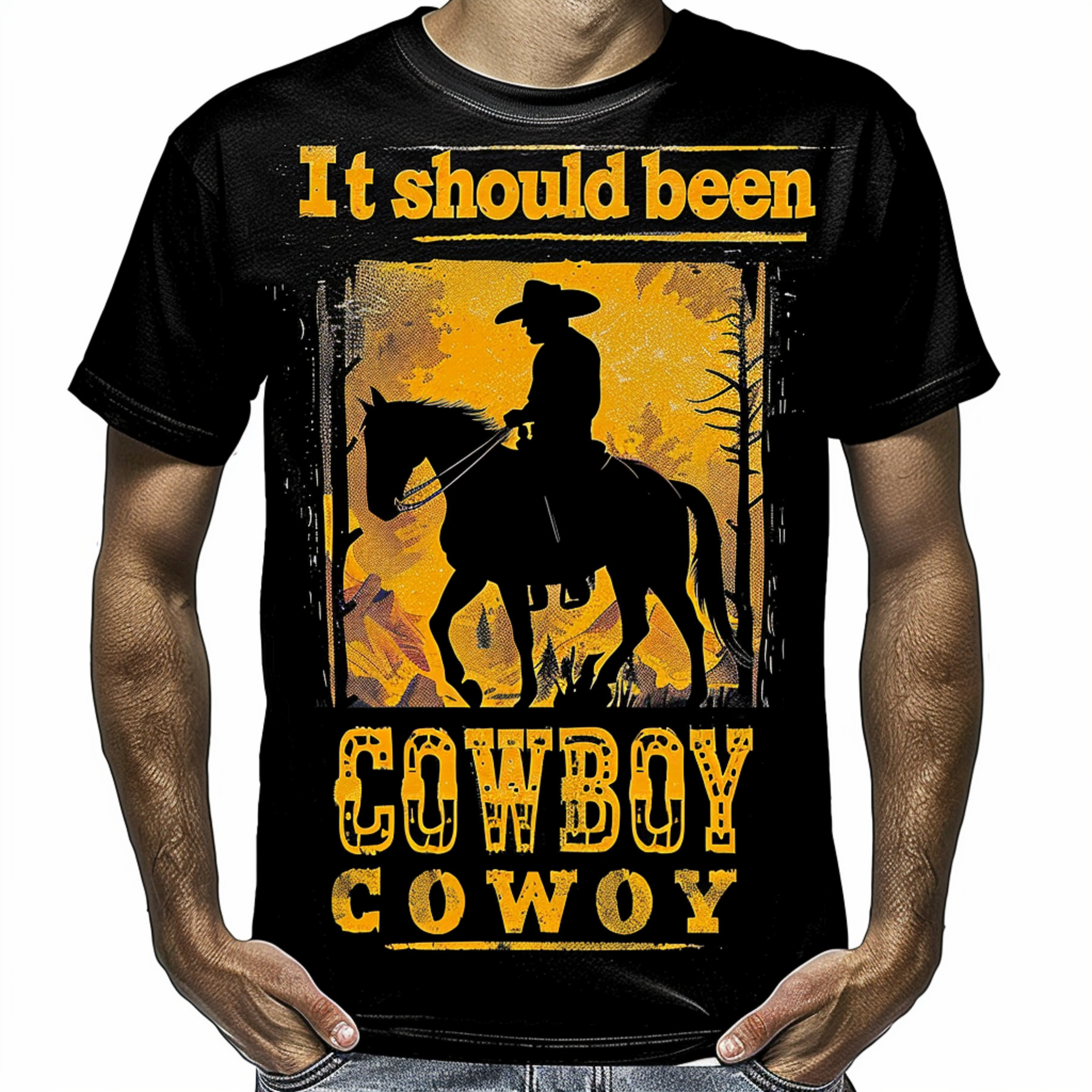 Western Cowboy Silhouette TShirt Bold Text Design with Horse Rider ...