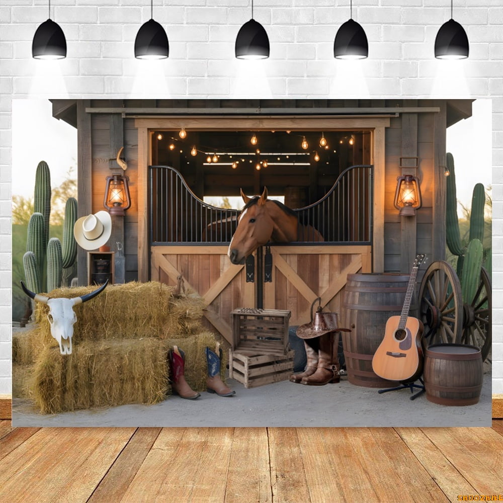 Western Cowboy Stable Horse Backdrop Haystack Baby Shower Kids Birthday ...