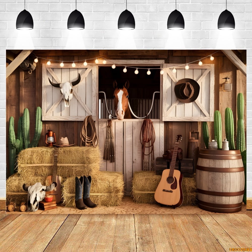 Western Cowboy Stable Horse Backdrop Haystack Baby Shower Kids Birthday ...